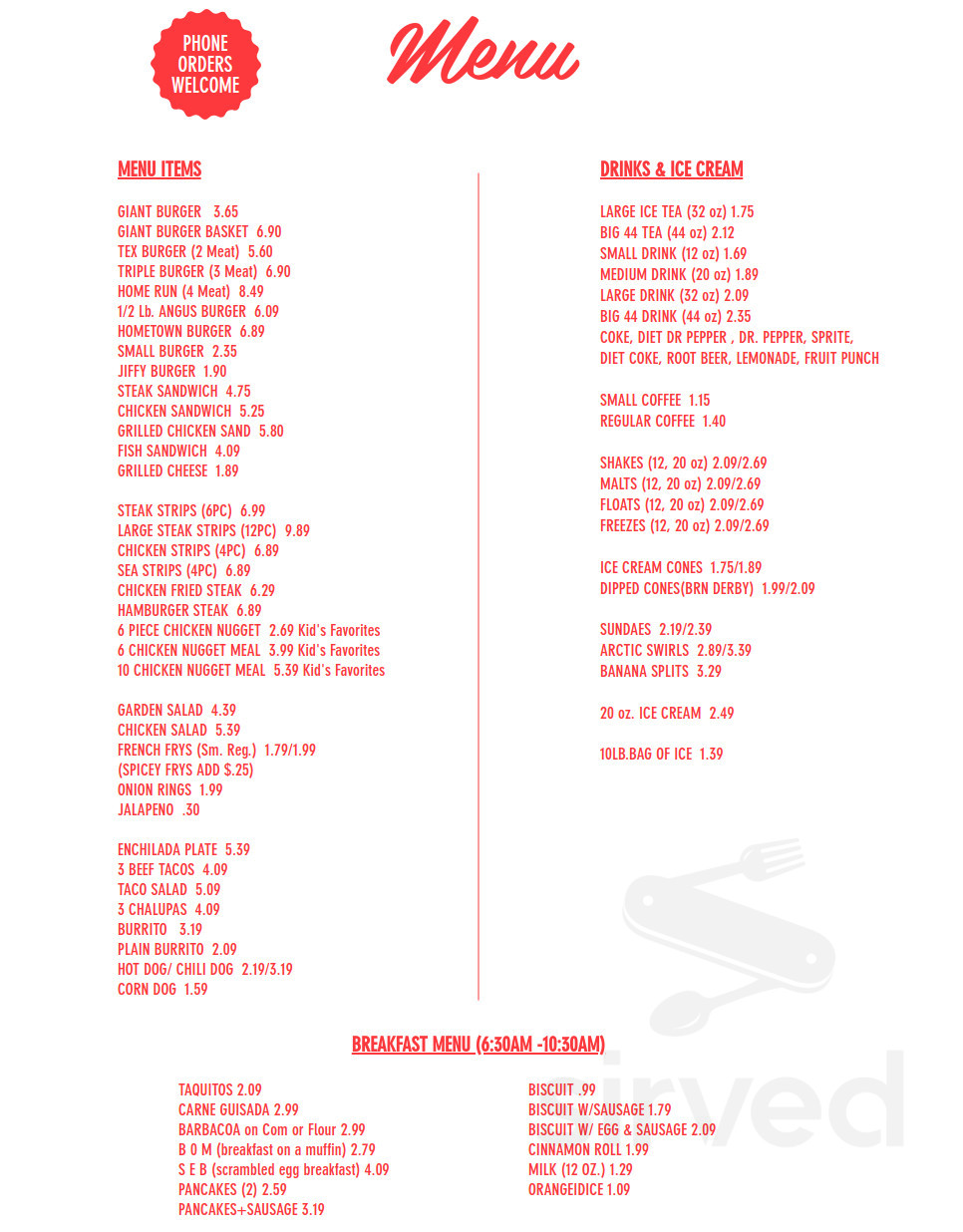 Menu for Dairy Burger in Alice, TX | Sirved