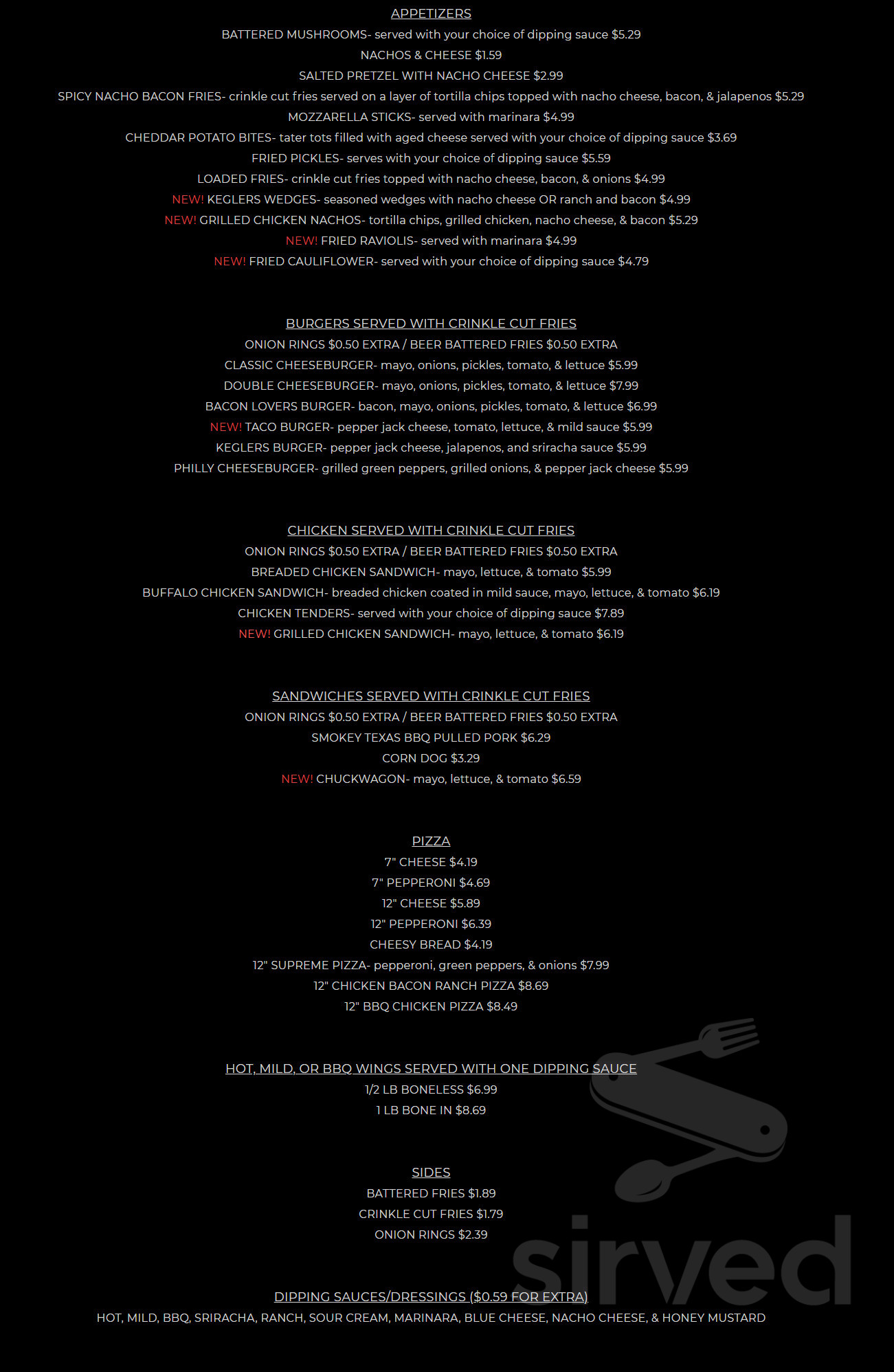 Menu - Somerset KY's Keglers | Sirved