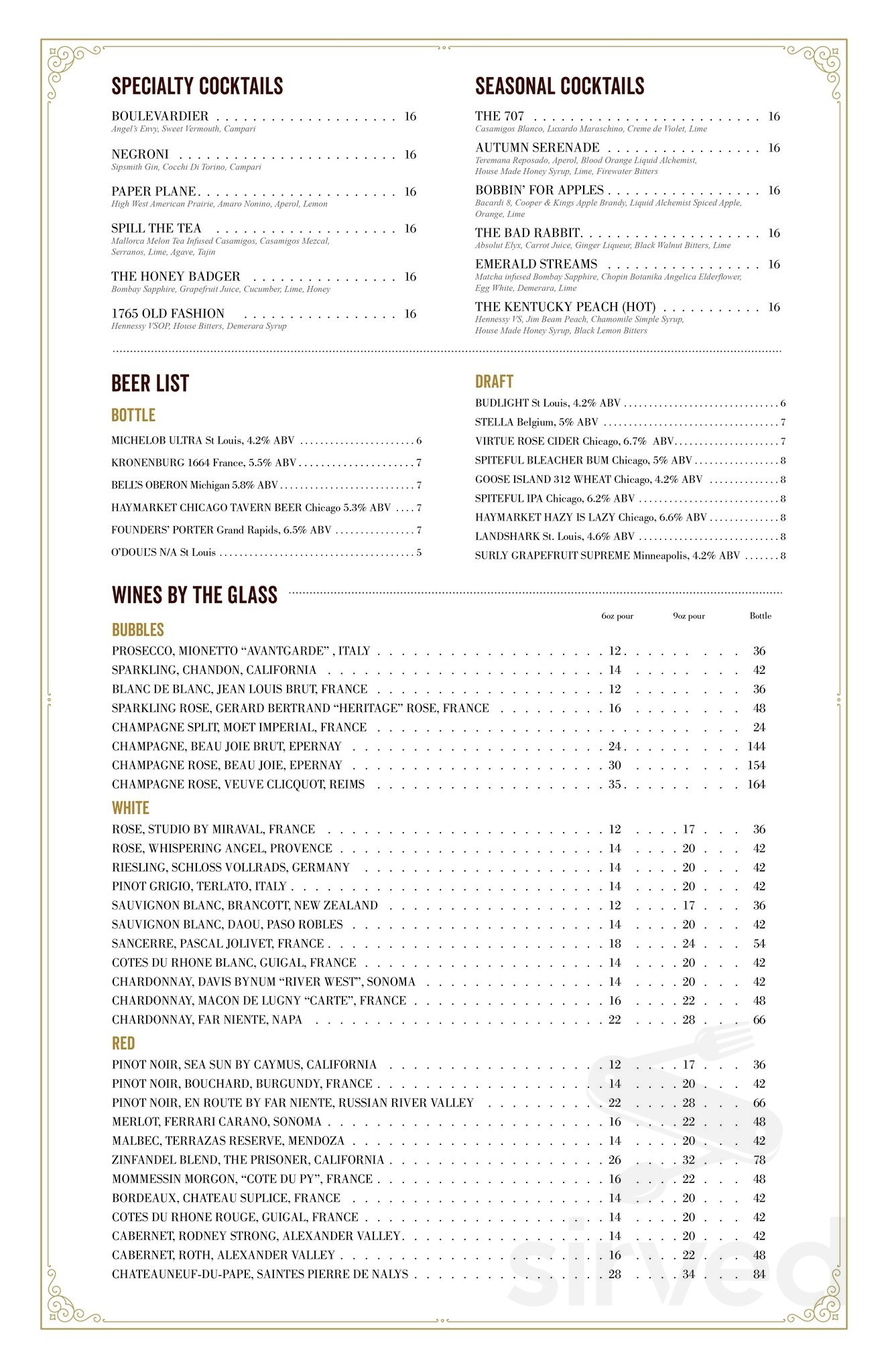 Venteux Brasserie, Cafe & Oyster Bar menu in Chicago, Illinois, USA