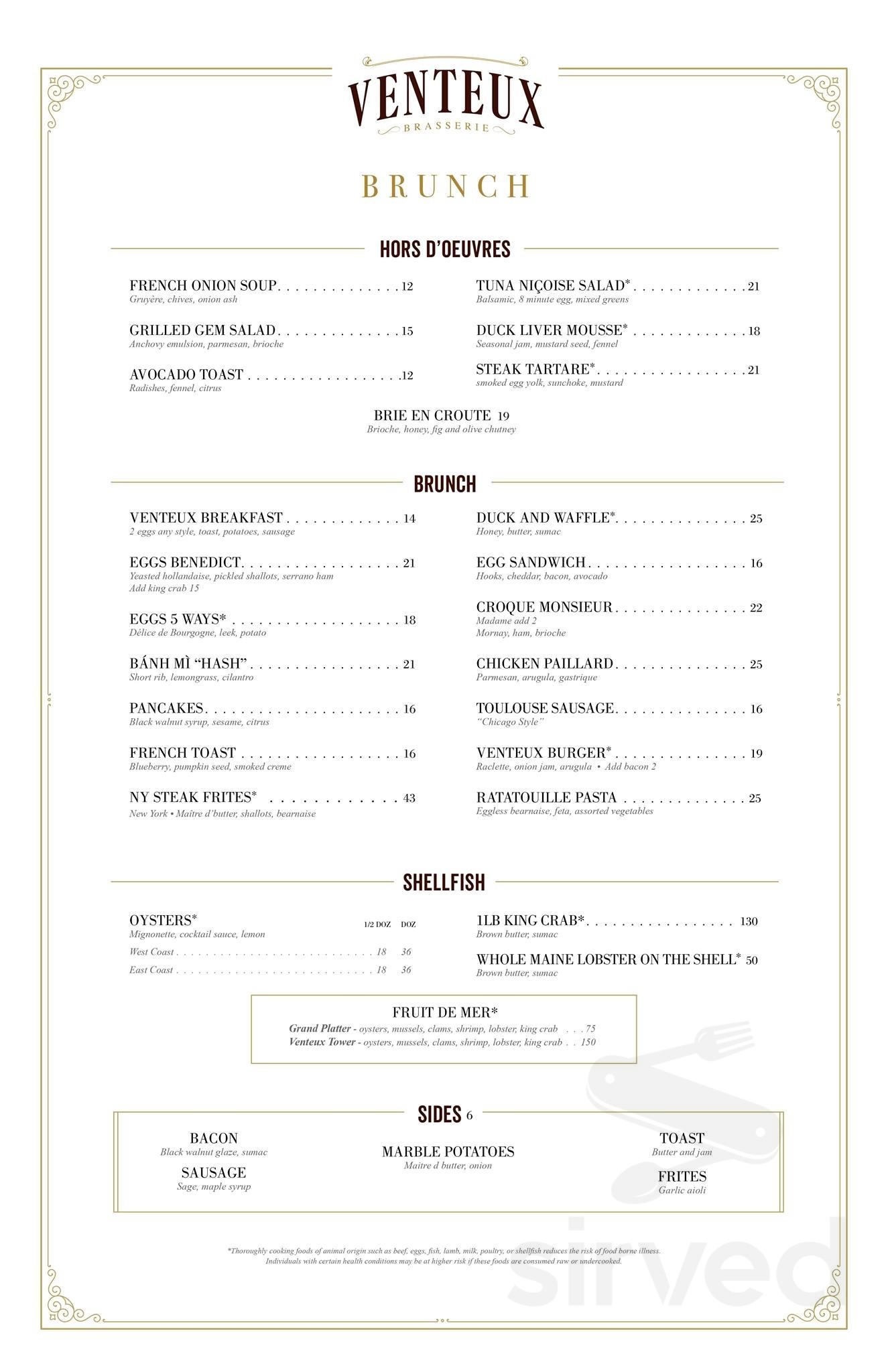Venteux Brasserie, Cafe & Oyster Bar menu in Chicago, Illinois, USA