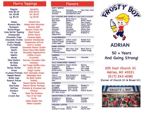 Frosty Boy menu in Adrian, Michigan, USA
