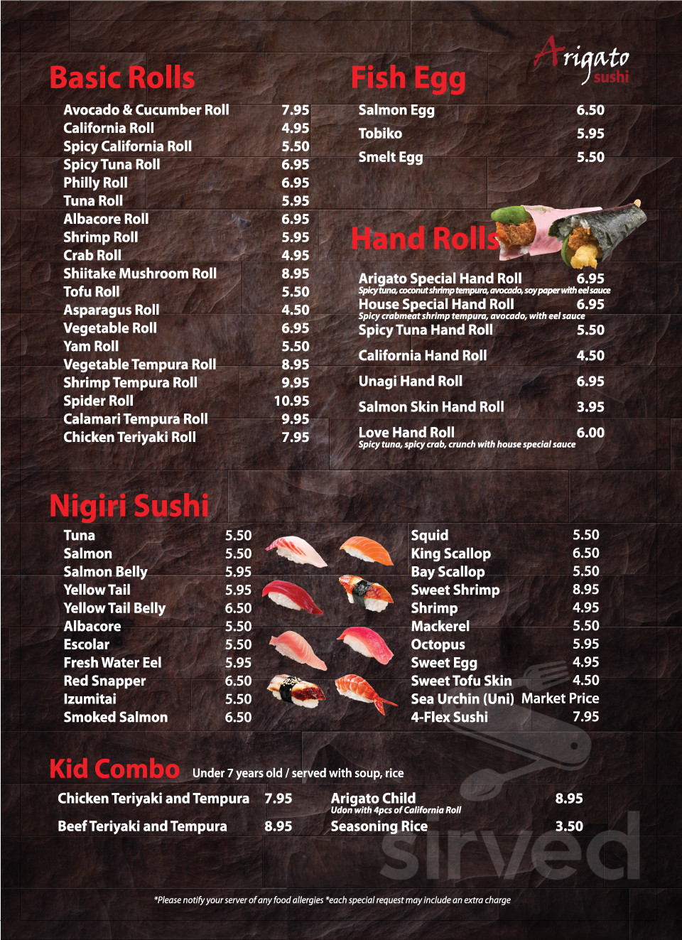 Arigato Sushi menu in Salinas, California, USA