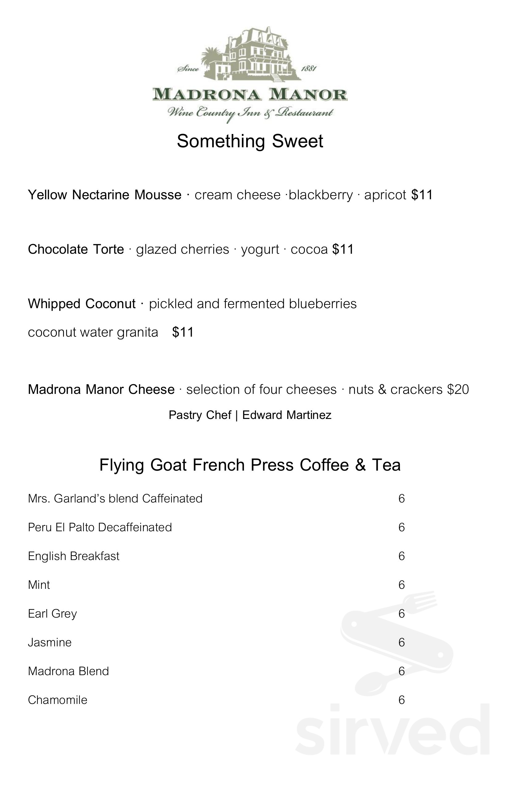 Restaurant at The Madrona menu in Healdsburg, California, USA