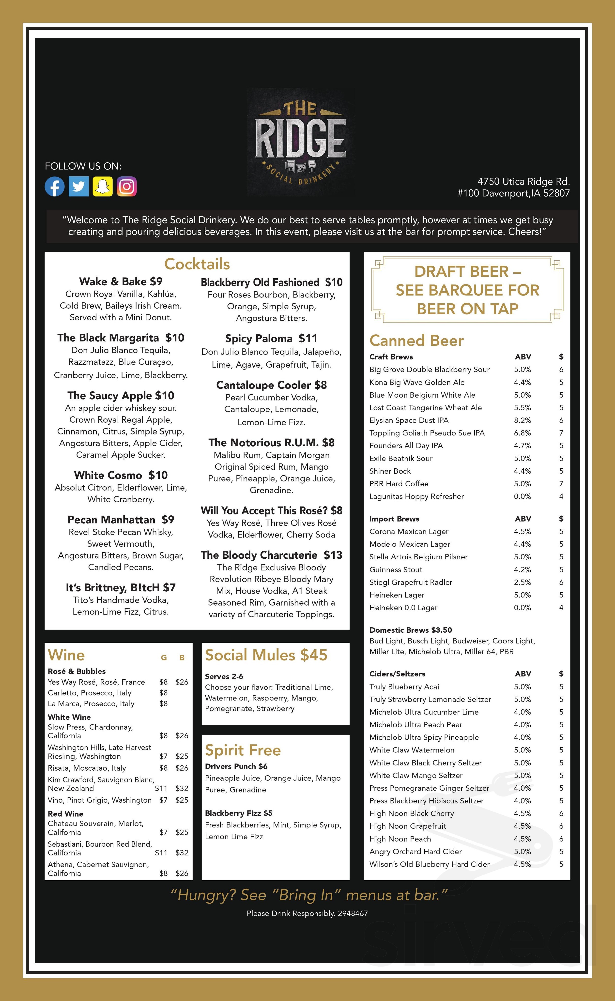 Menu - Davenport IA's The Ridge Social Drinkery | Sirved