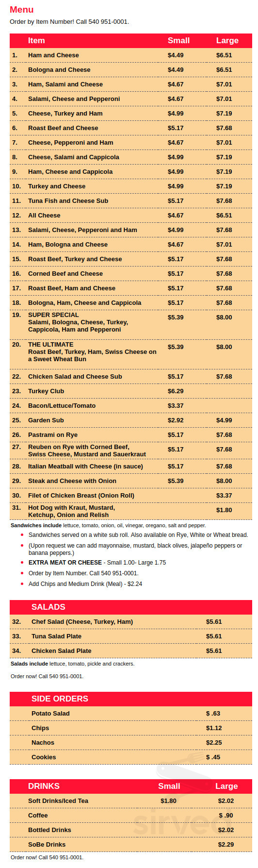 Sub Station II menu in Blacksburg, Virginia, USA