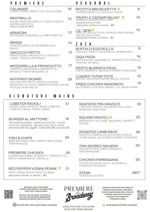 Premiere on Broadway menu in Somerville, Massachusetts, USA