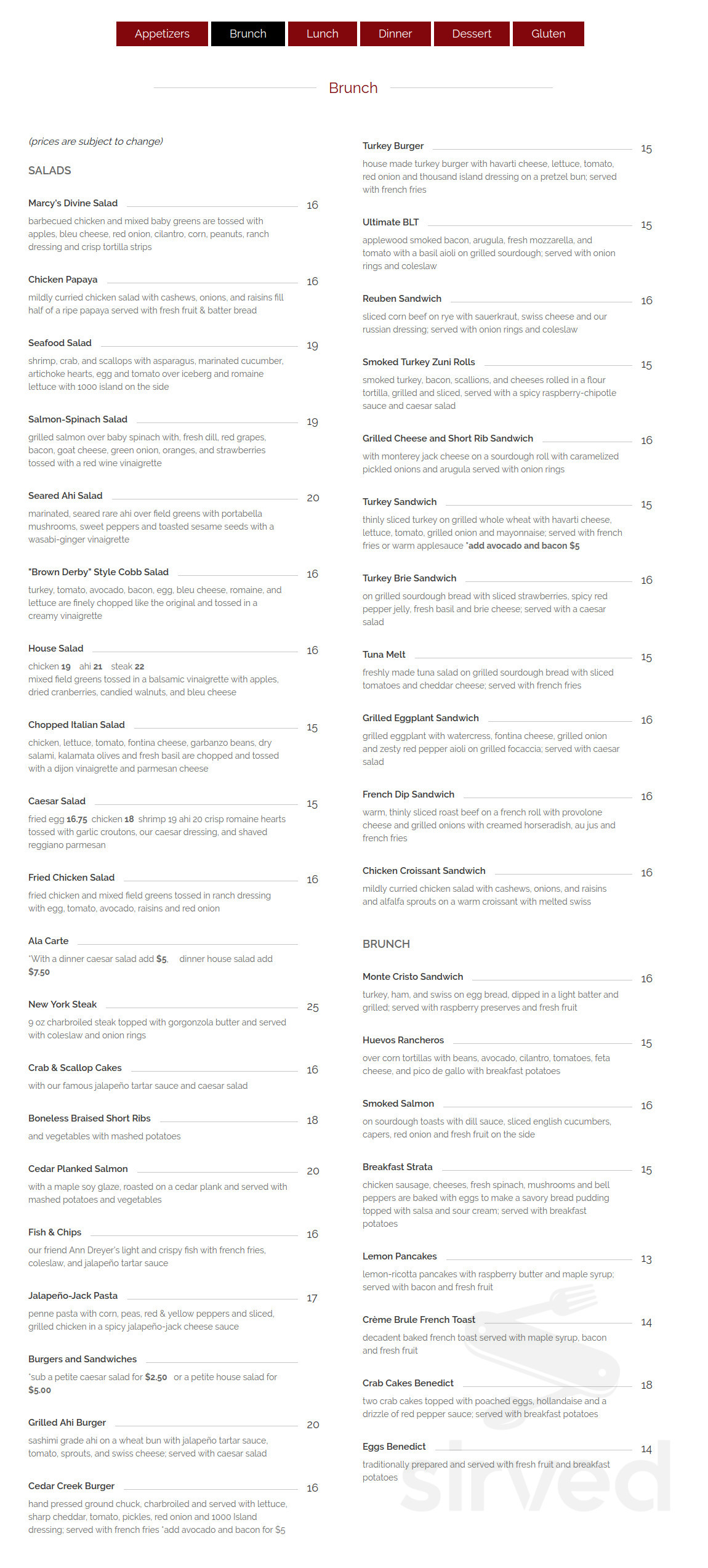 Cedar Creek Inn menu in San Juan Capistrano, California, USA