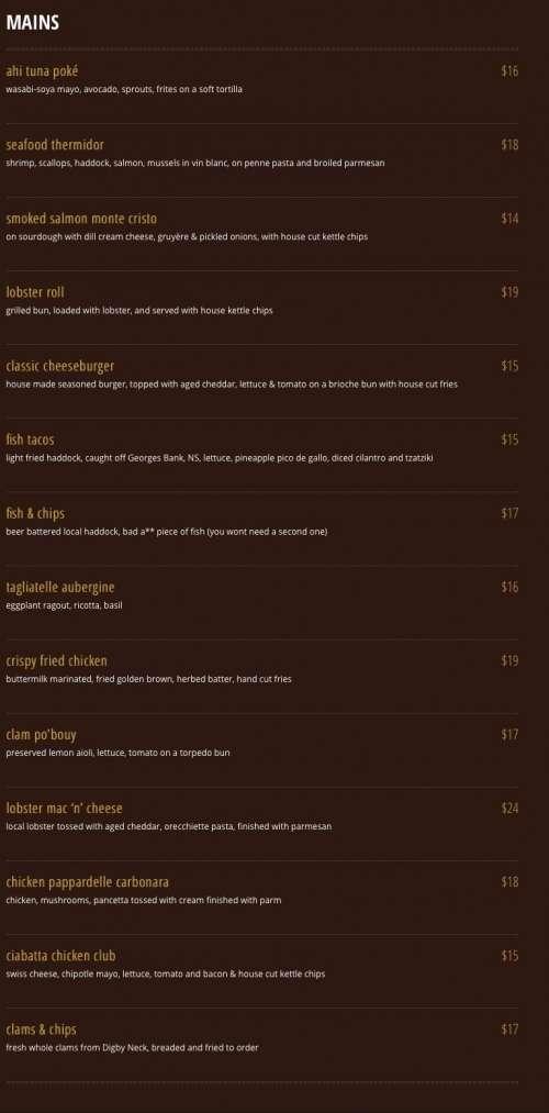 Waterfront Warehouse menu in Halifax, Nova Scotia, Canada