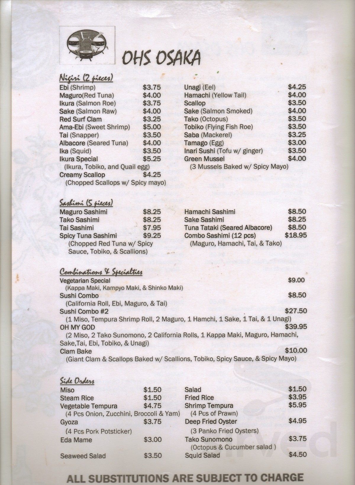 Oh's Osaka menu in Medford, Oregon, USA
