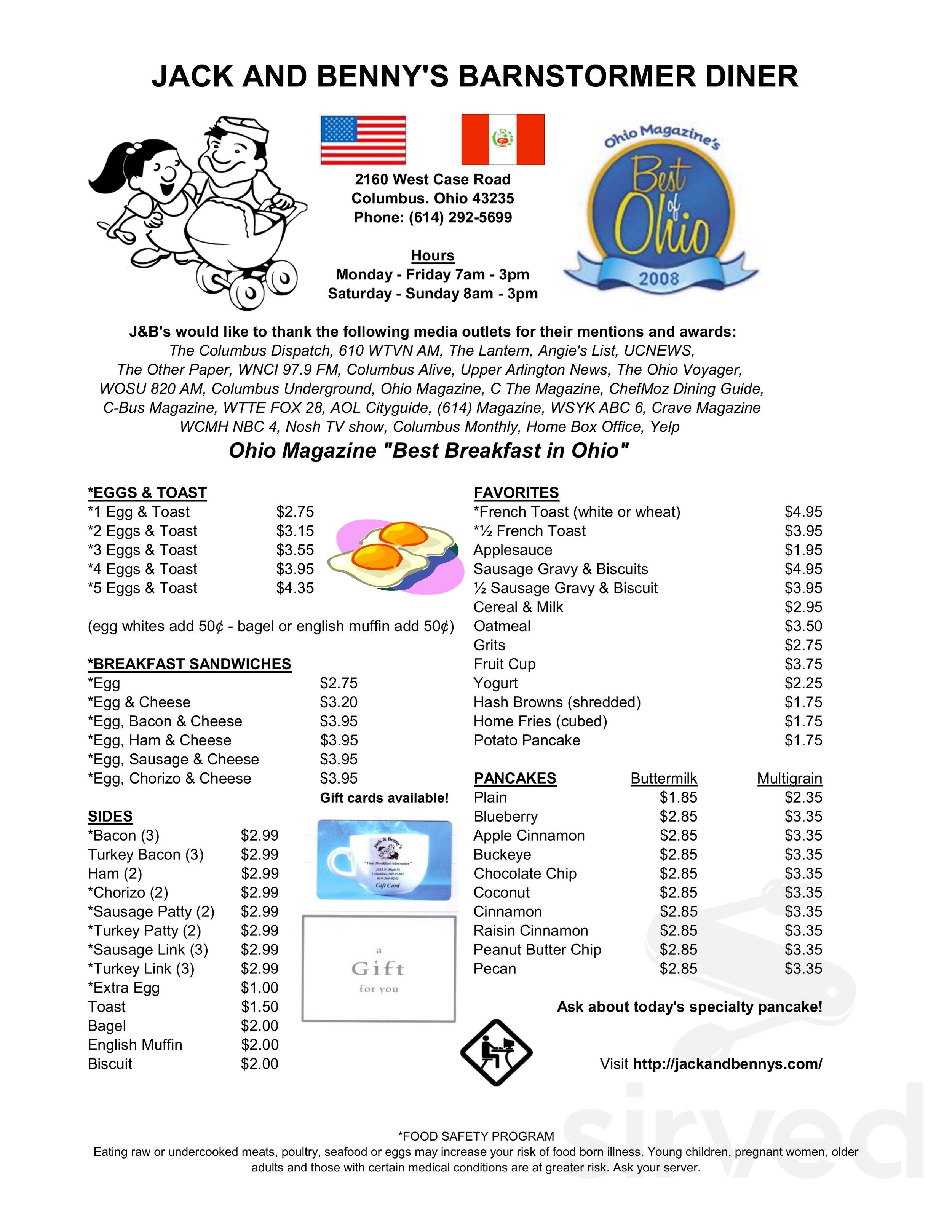 Jack & Benny's Barnstormer Diner menus in Columbus, Ohio, United States