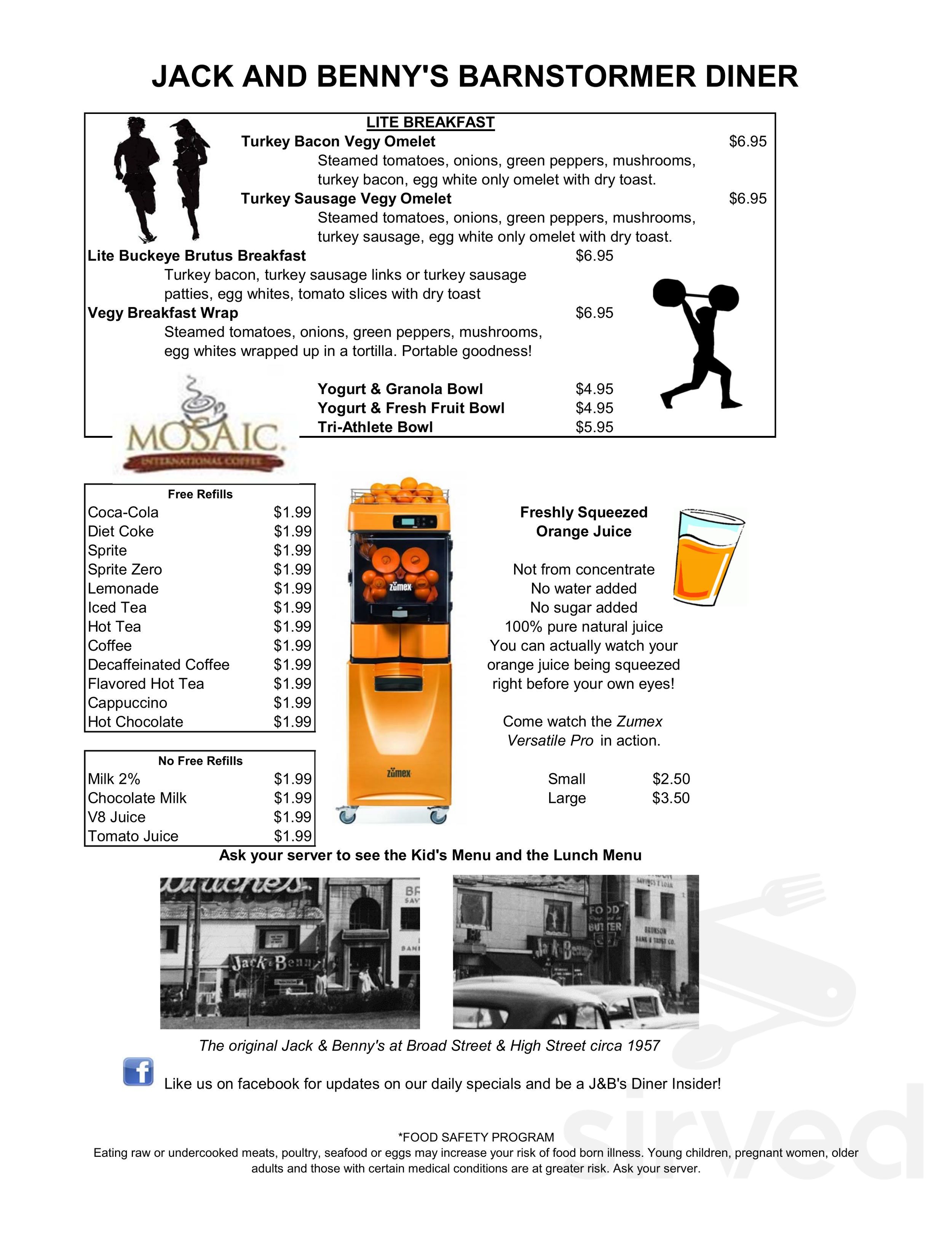 Jack & Benny's Barnstormer Diner menus in Columbus, Ohio, United States