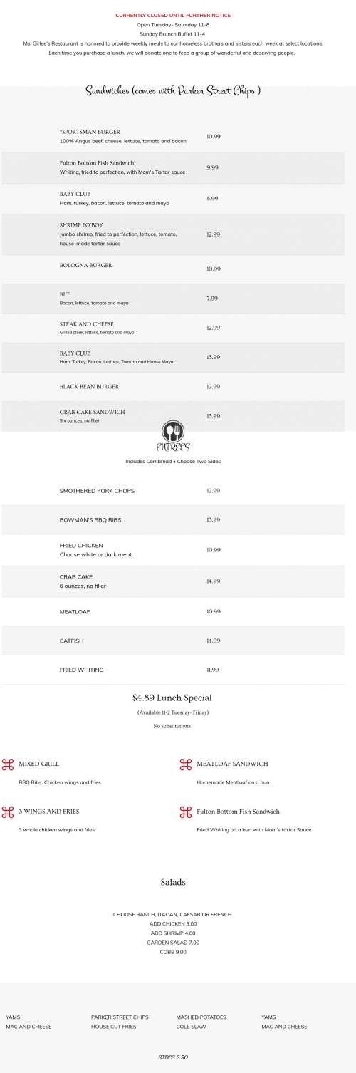 Ms. Girlee's Kitchen menu in Richmond, Virginia, USA