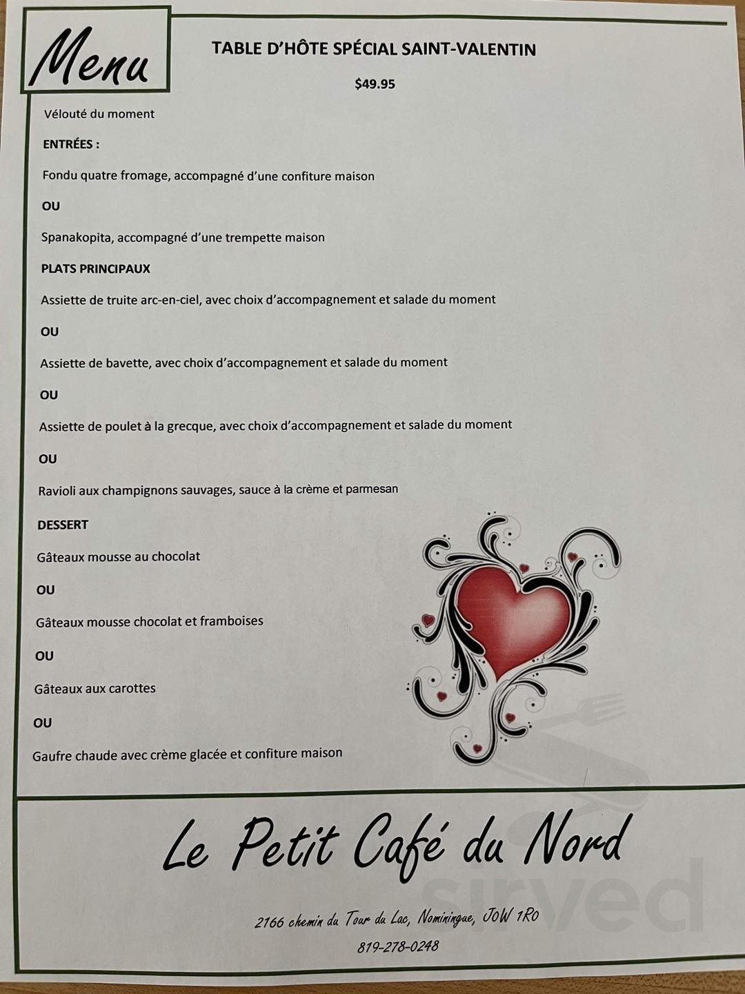 Menu - Nominingue QC's Le Petit Café du Nord | Sirved
