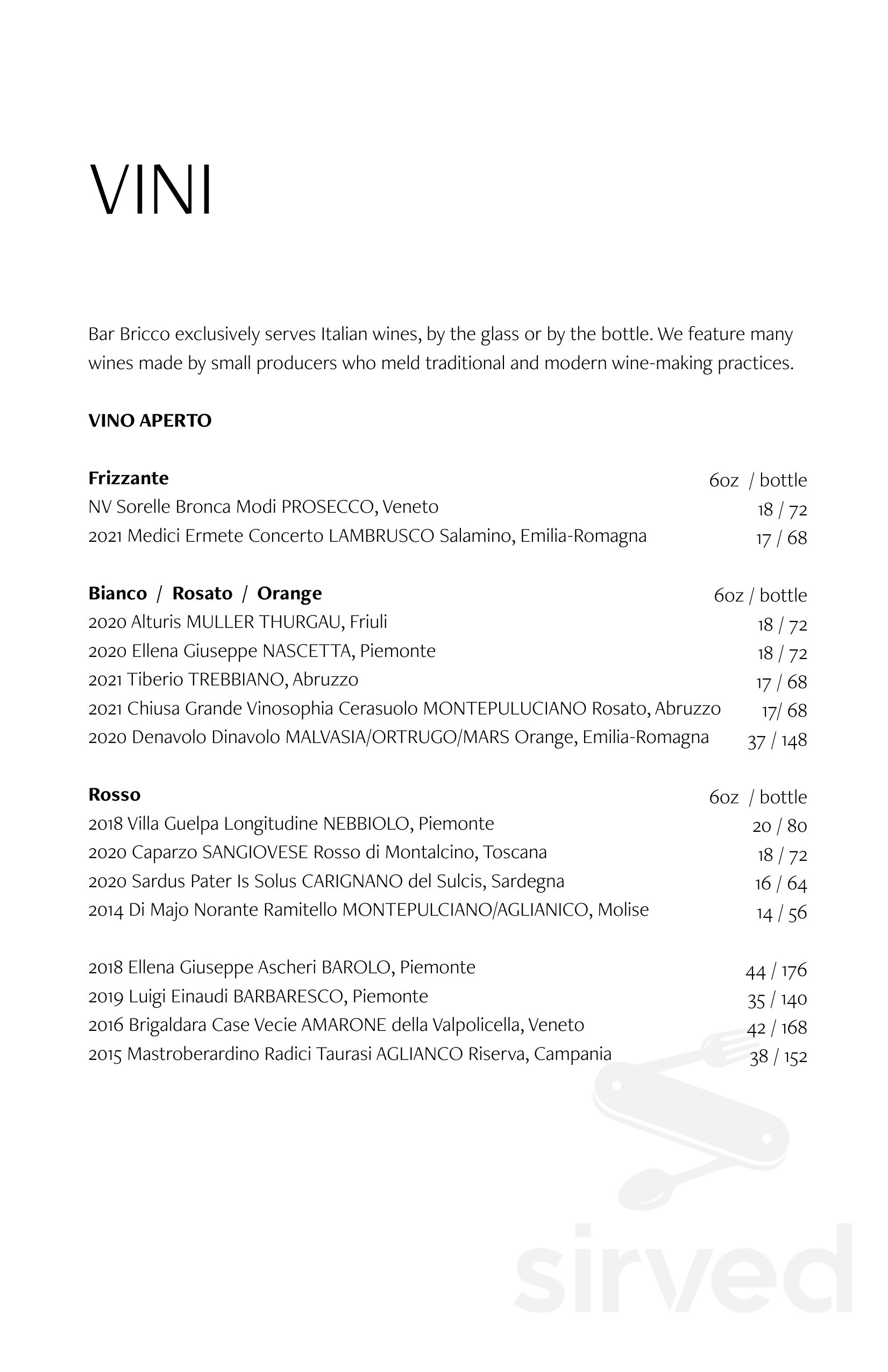 Bar Bricco menu in Edmonton, Alberta, Canada