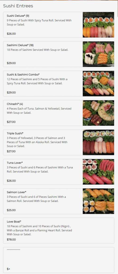 Sushi Zen menu in Jacksonville, Florida, USA
