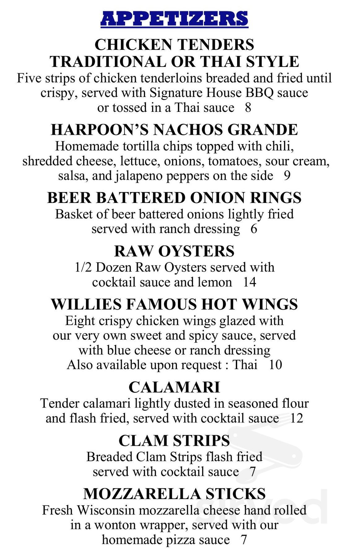 Harpoon Willie's menu in Williams Bay, Wisconsin, USA