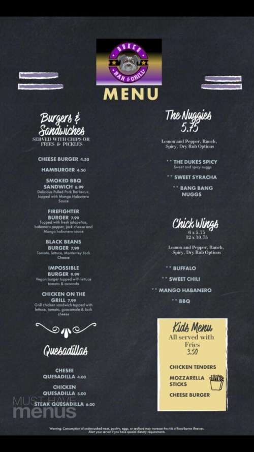 Dukes Bar & Grill menu in Harrisonburg, Virginia, USA