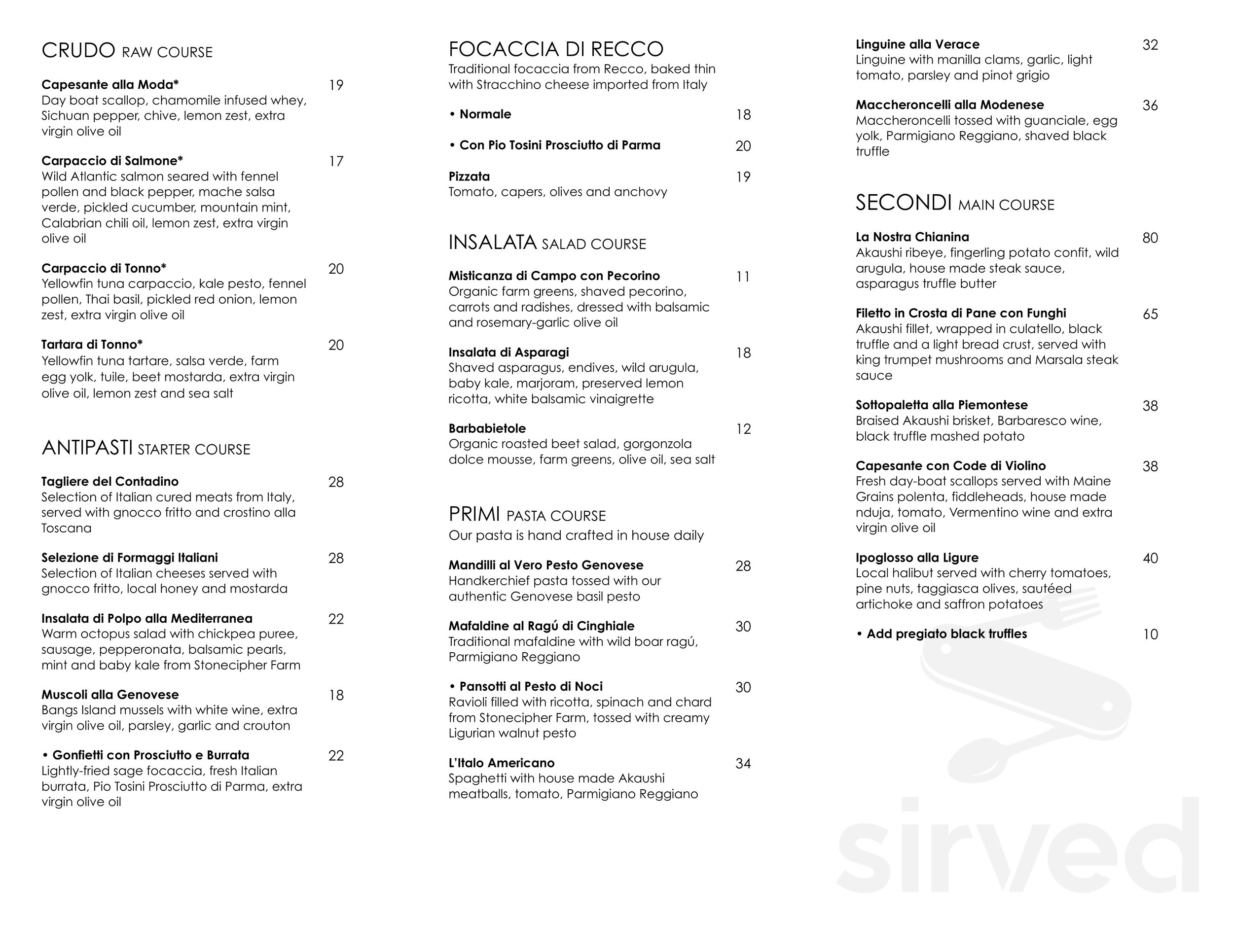 Solo Italiano menu in Portland, Maine, USA