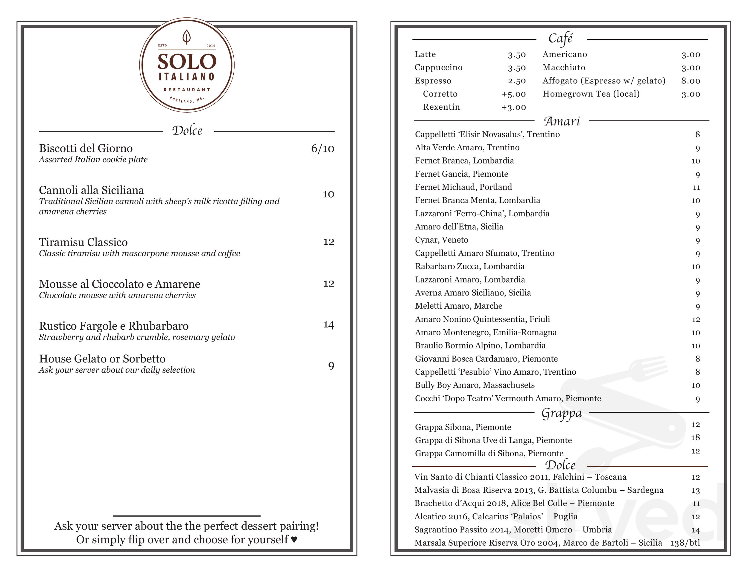 Solo Italiano menu in Portland, Maine, USA