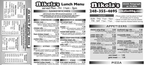 Menu for Nikola's in Southfield, MI | Sirved