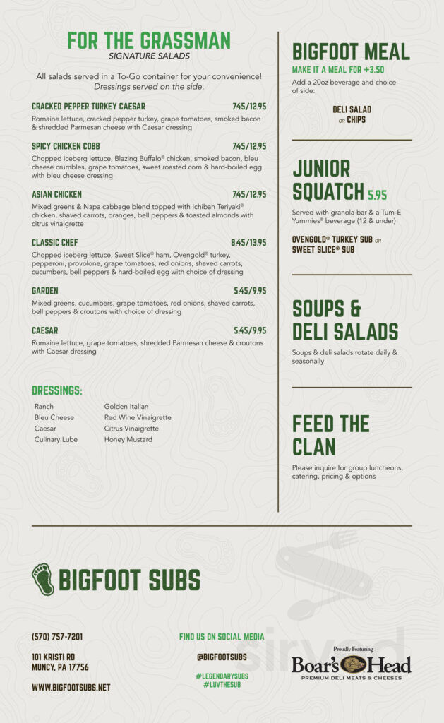 Bigfoot Subs Menu - Muncy, Pennsylvania | Sirved