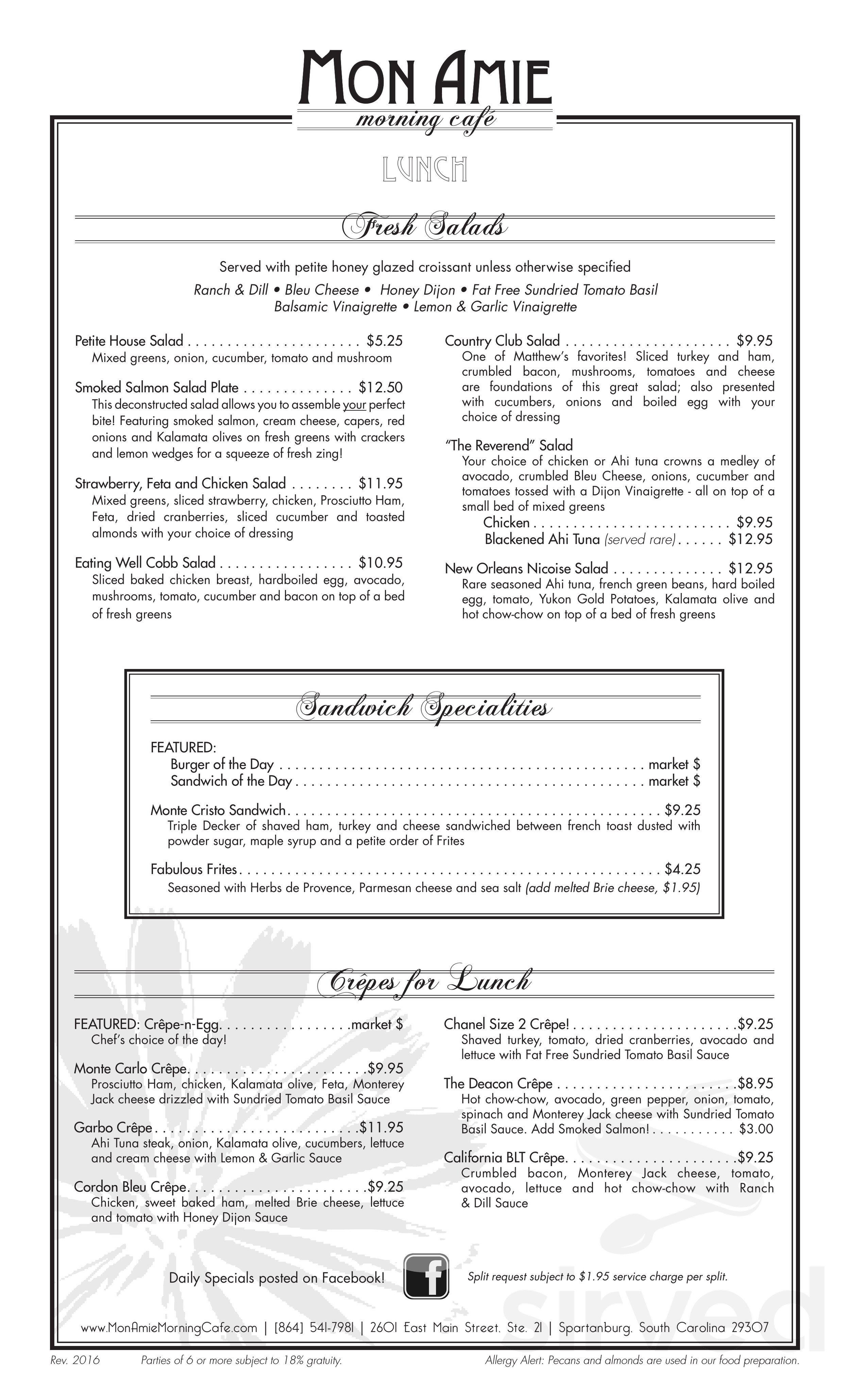 Mon Amie Morning Cafe menu in Spartanburg, South Carolina, USA