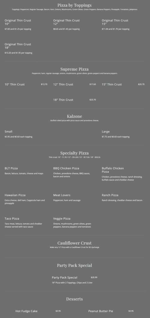 Kali's Rio Grande menu in Rio Grande, Ohio, USA