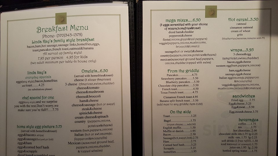 Menu for Linda Kay's Ole Green Ridge Diner in Scranton, PA | Sirved