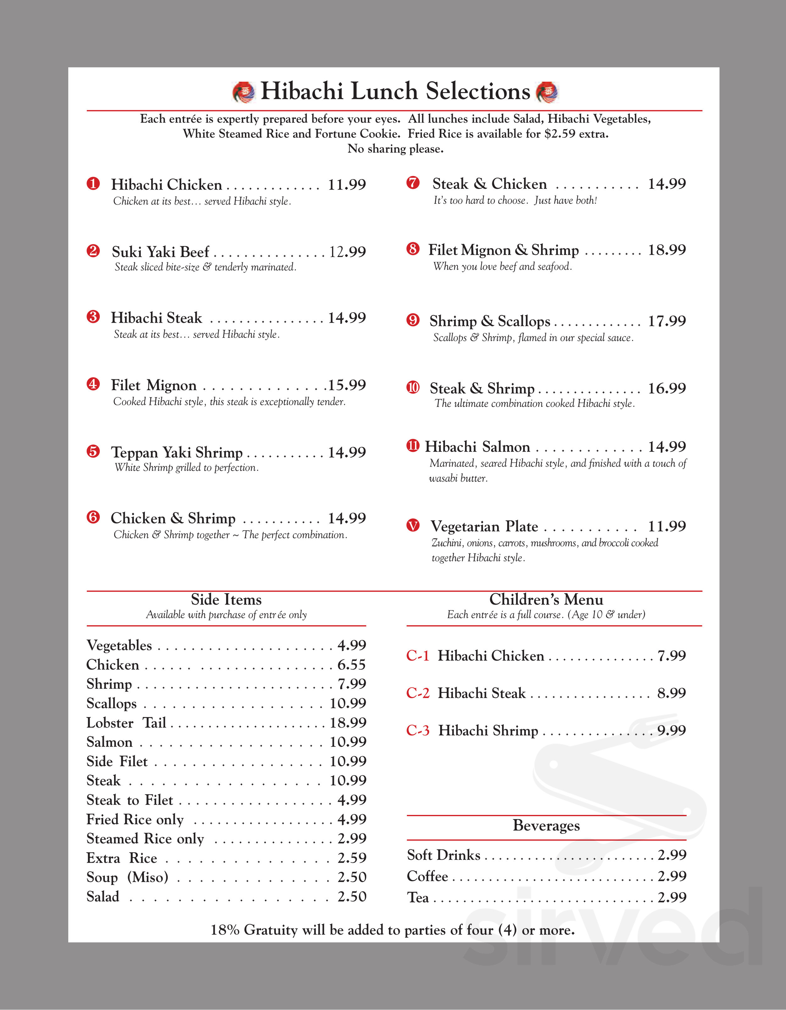 Ichiban Japanese Steak House and Sushi Bar menu in Hixson, Tennessee, USA