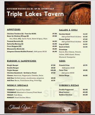 Menu for Triple Lakes Tavern in Dupo, IL | Sirved