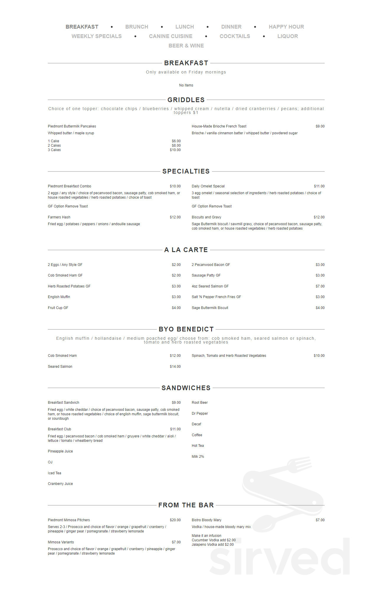 Menu for Piedmont Bistro by Venue in Lincoln, NE | Sirved