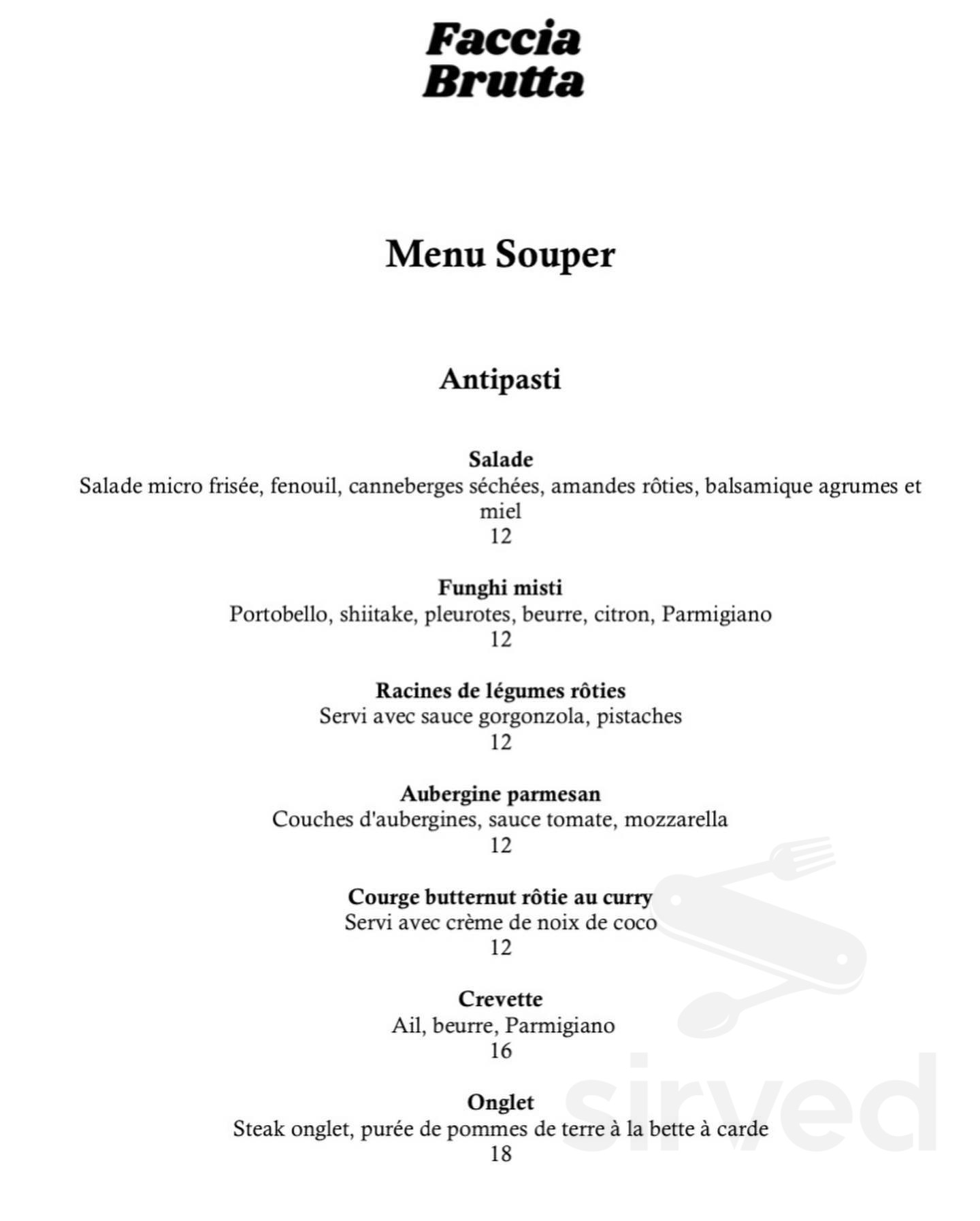 Menu - Lasalle QC's Faccia Brutta | Sirved Menu - Lasalle QC's Faccia Brutta | Sirved