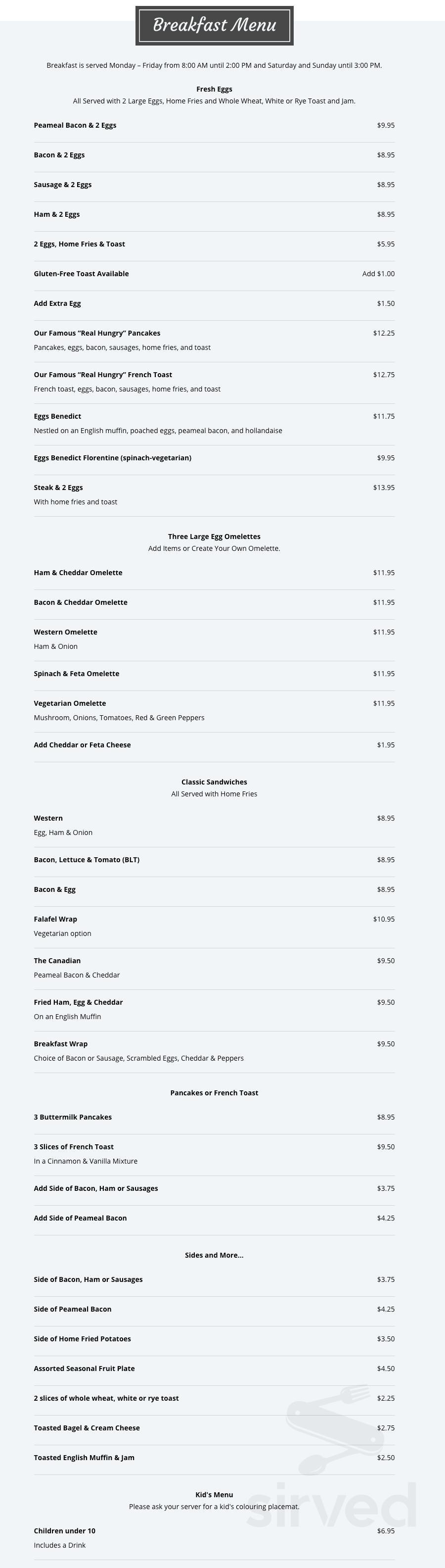 The Village Restaurant menu in Stoney Creek, Ontario, Canada