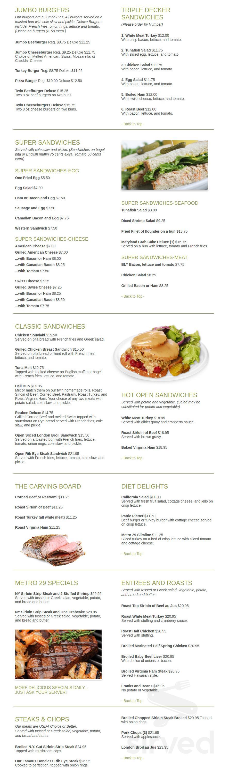 Metro 29 Diner menu in Arlington, Virginia, USA