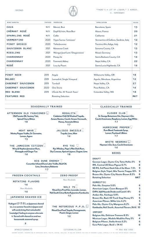 The Citizen menu in Alys Beach, Florida, USA