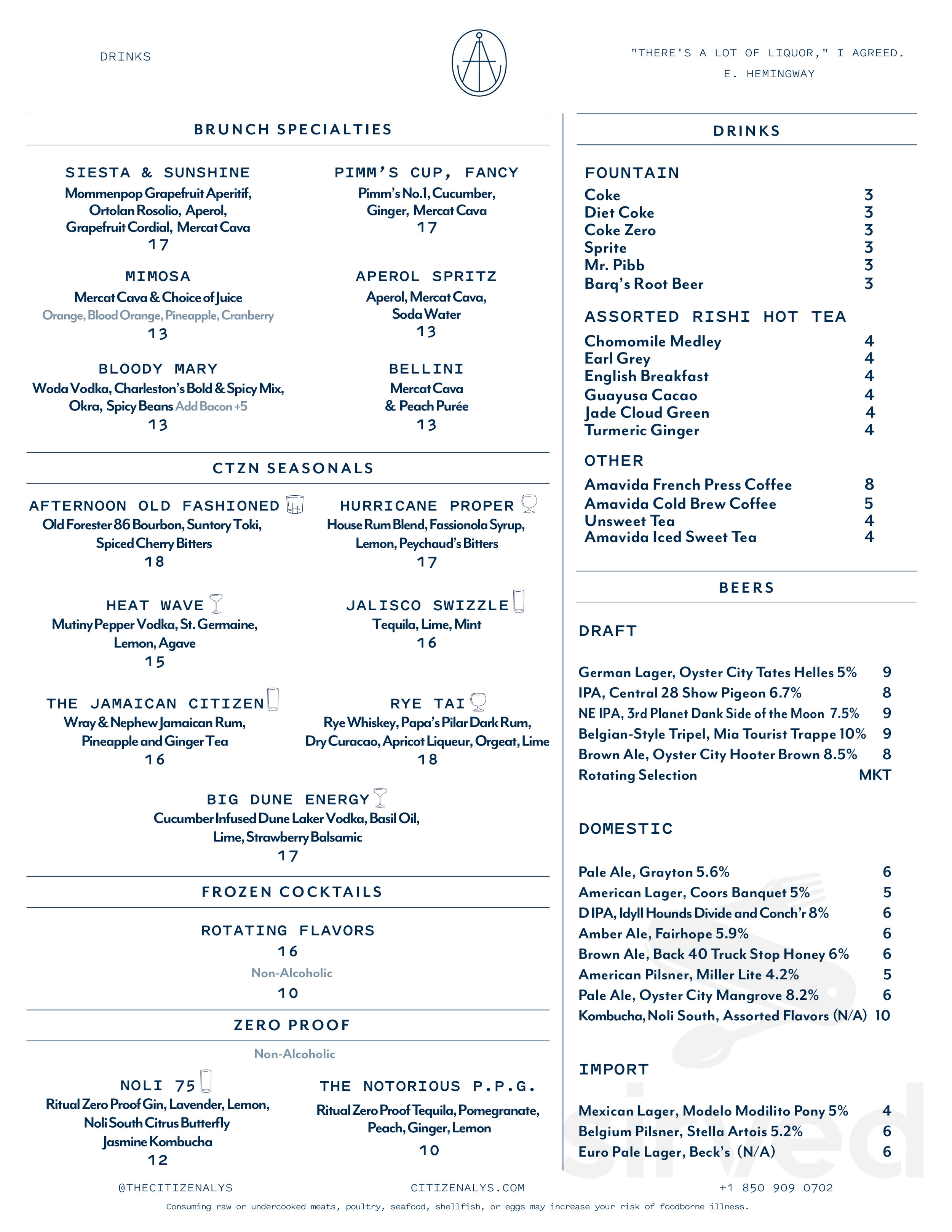 The Citizen menu in Alys Beach, Florida, USA