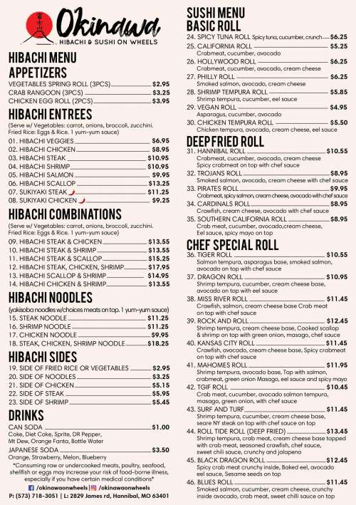 Okinawa on Wheels menu in Hannibal, Missouri, USA