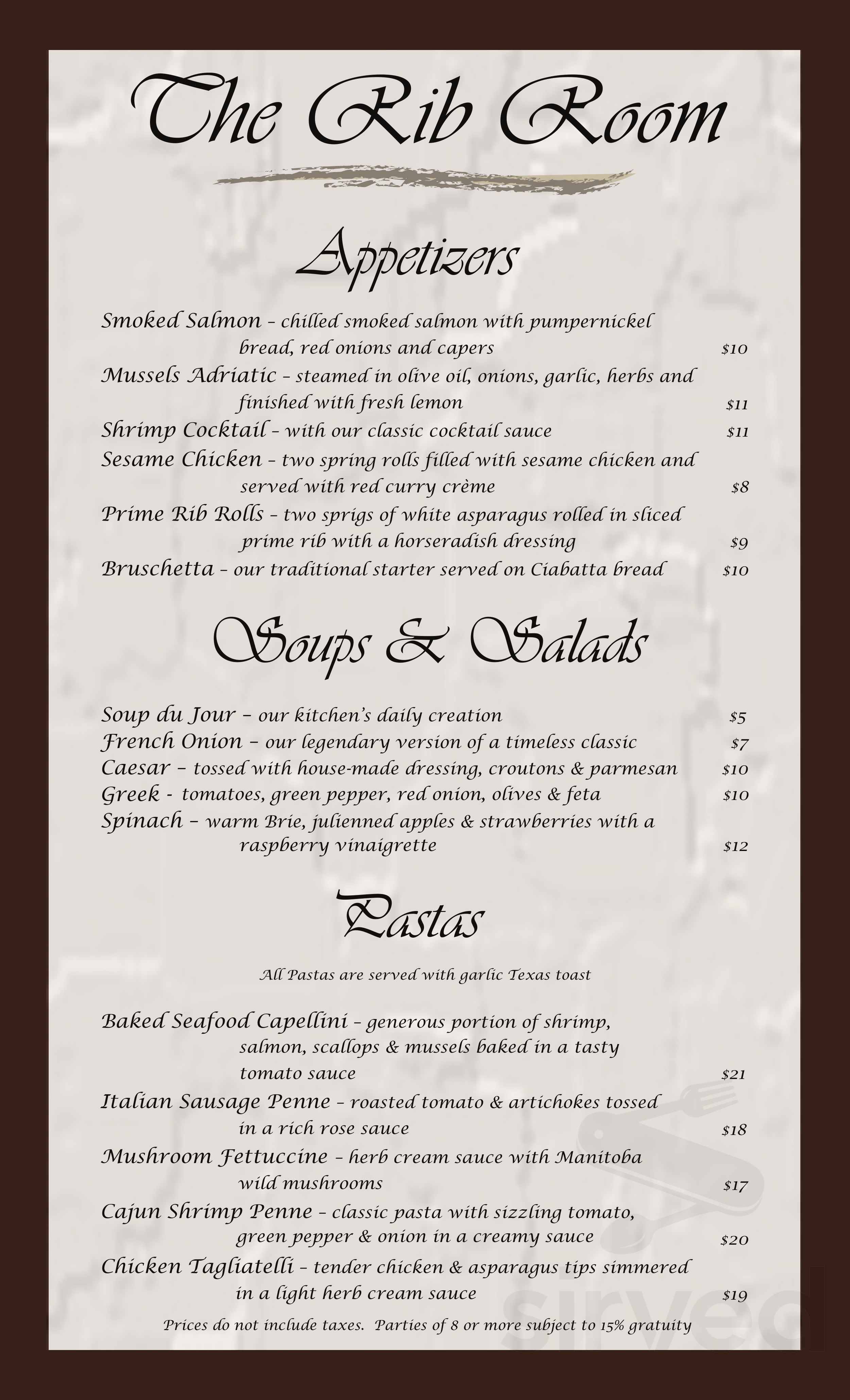 Menu for The Rib Room in Winnipeg, MB | Sirved
