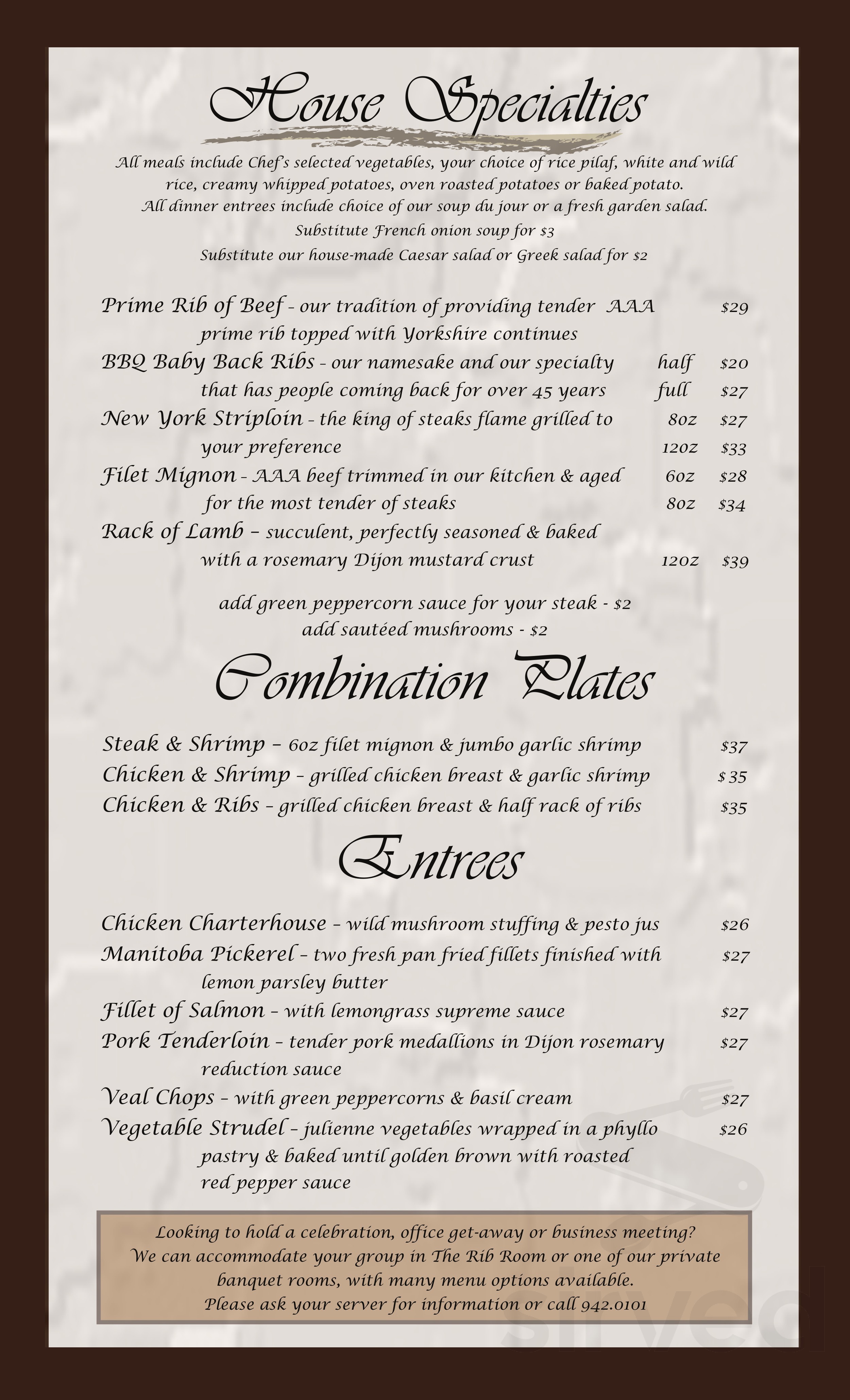 The Rib Room menu in Winnipeg, Manitoba, Canada