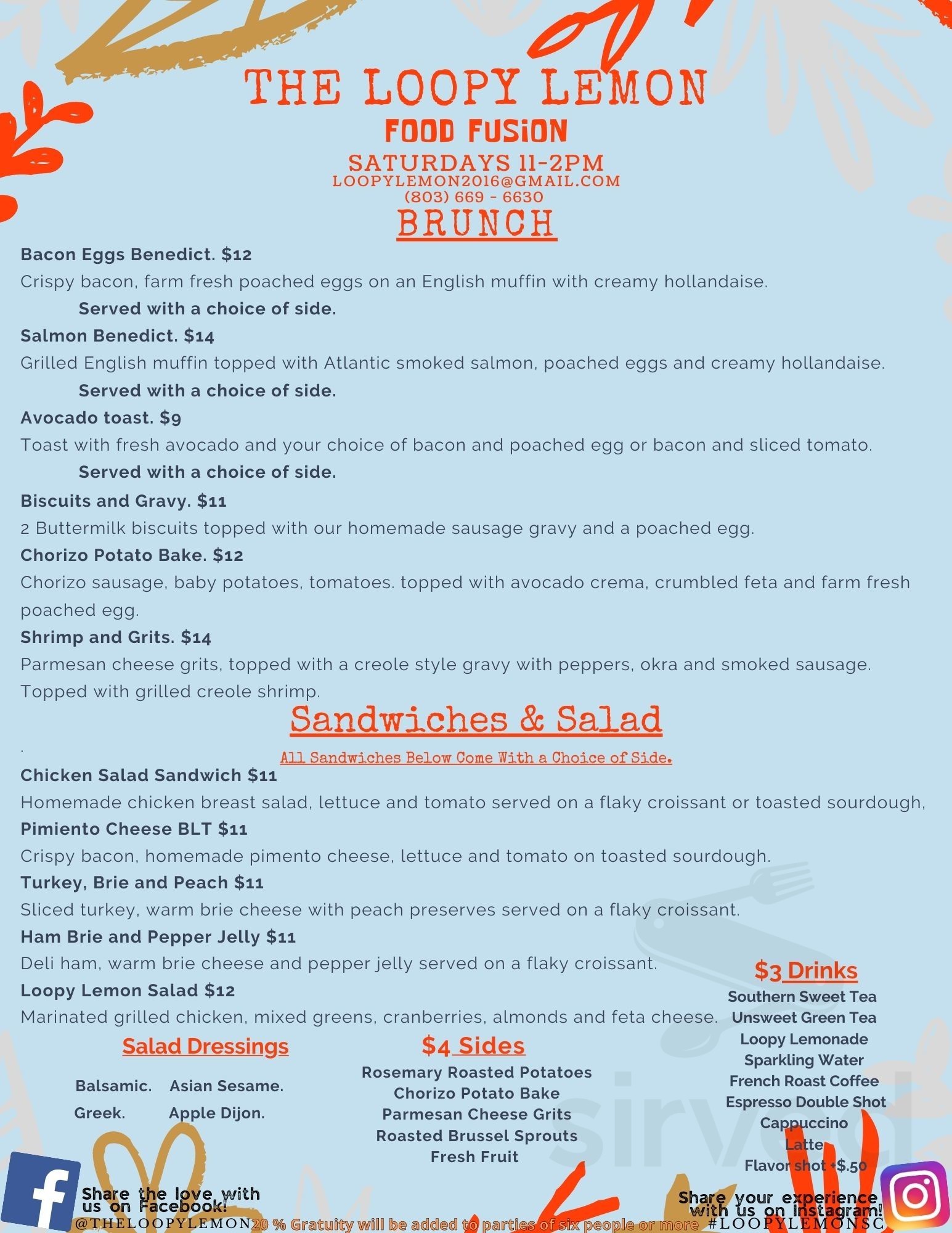 The Loopy Lemon Cafe menu in Camden, South Carolina, USA