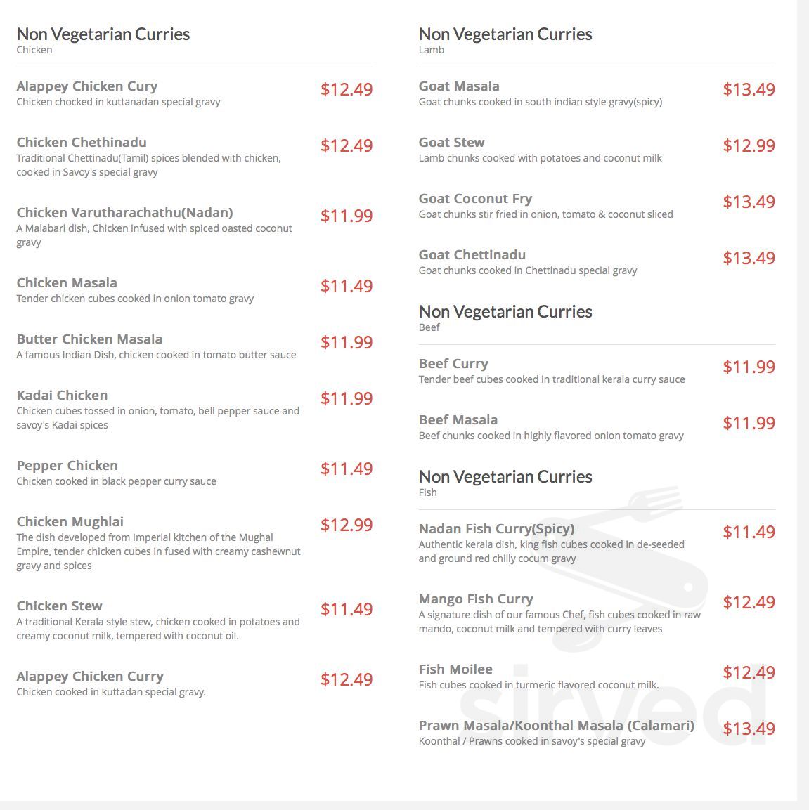 Savoy's South Indian Kitchen menu in Edmonton, Alberta, Canada