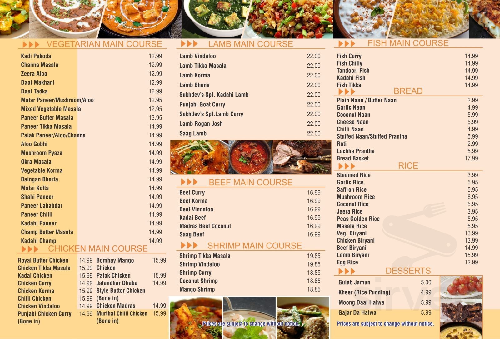 SUKHDEV RESTAURANT SUDBURY menus in Greater Sudbury, Ontario, Canada