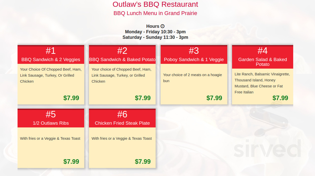 Menu - Grand Prairie TX's Outlaw's Barbeque | Sirved
