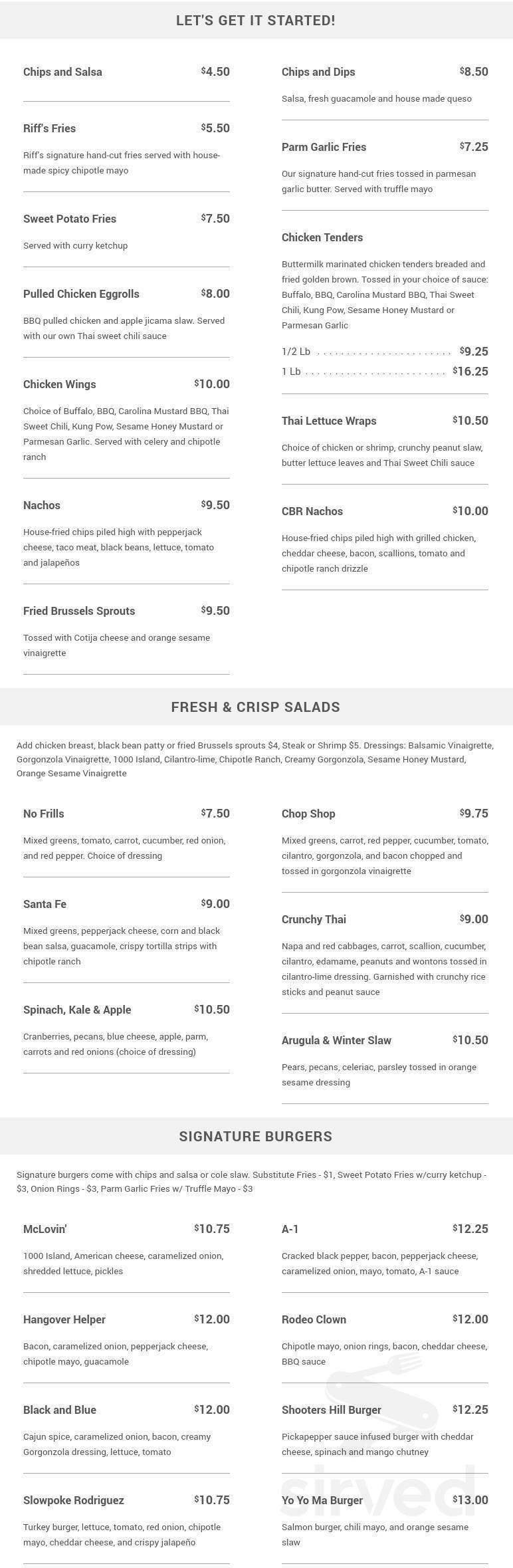 Riff's Joint menu in Easthampton, Massachusetts, USA