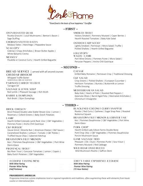 Cork & Flame menu in Evans, Georgia, USA