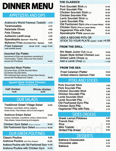 Arahova Souvlaki Brossard menu in Brossard, Quebec, Canada