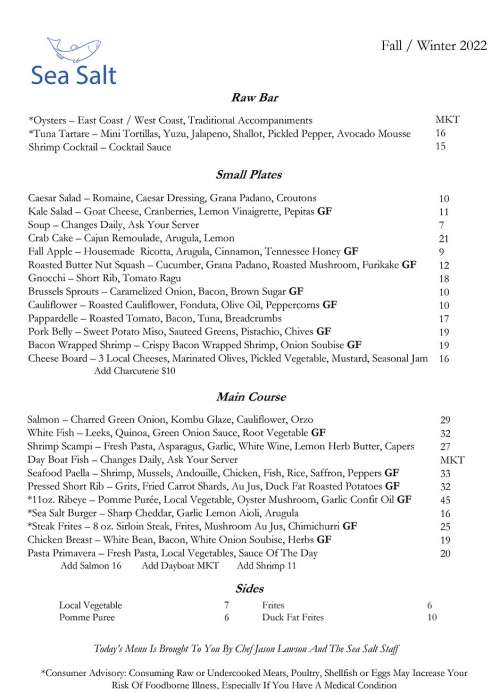 Sea Salt menu in Hendersonville, Tennessee, USA