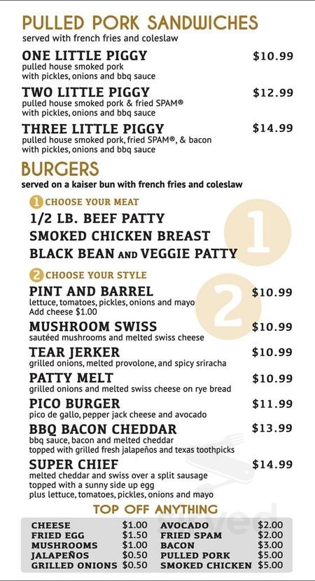 Pint and Barrel Drafthouse menu in Palestine, Texas, USA