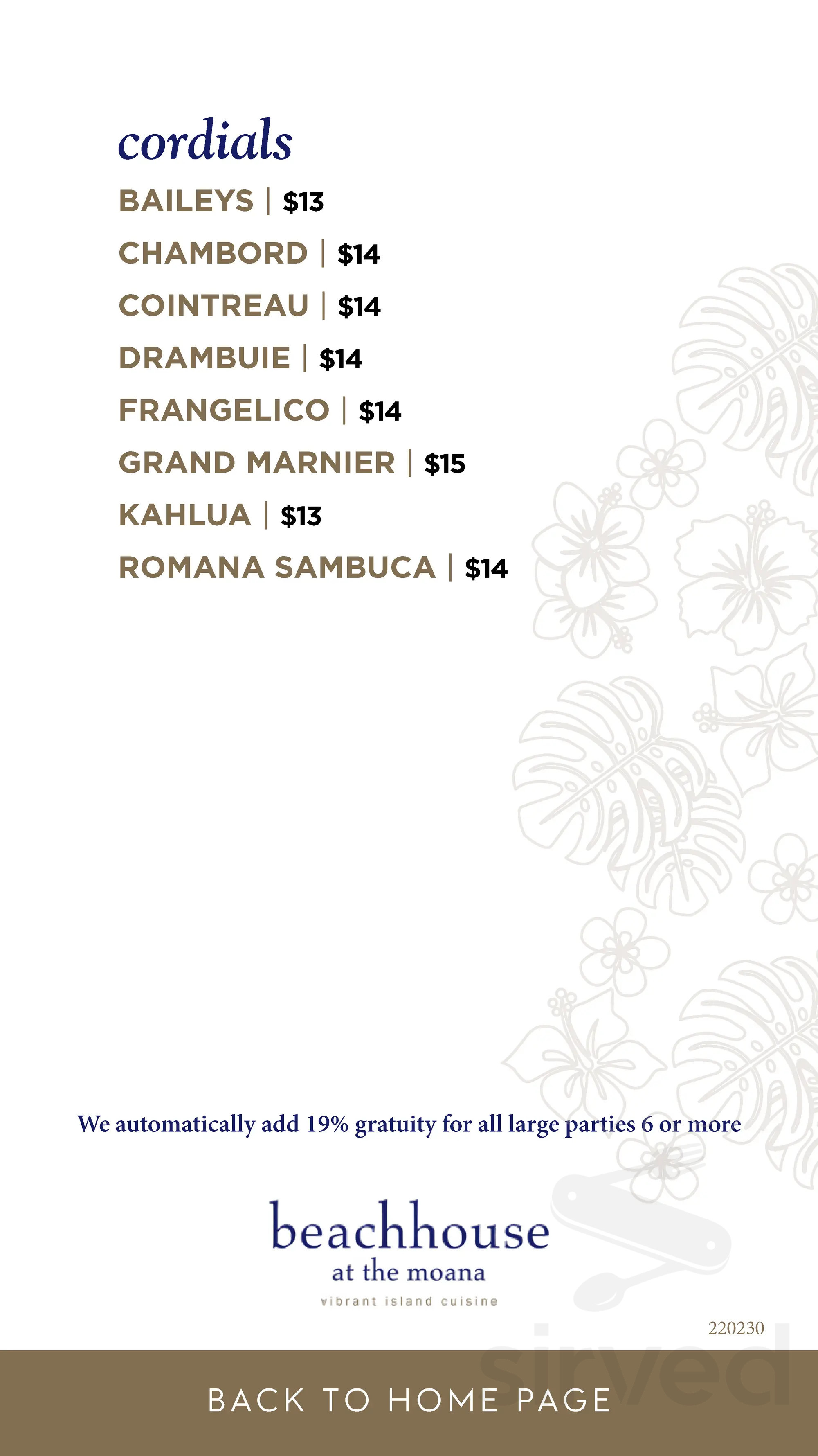 beachhouse at the moana menu in Honolulu, Hawaii, USA