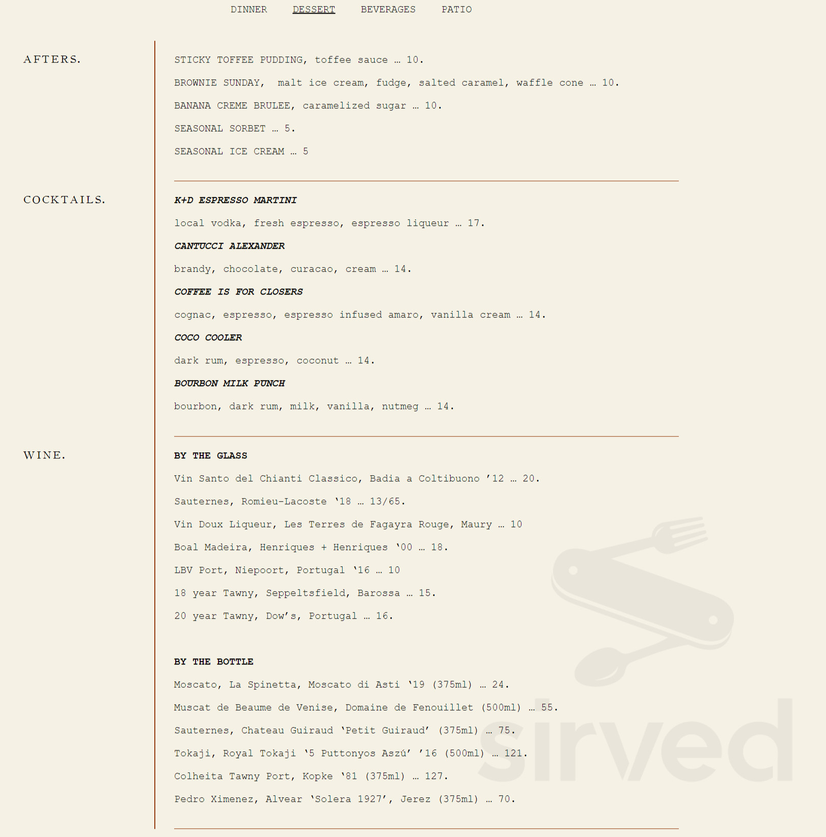 King + Duke menu in Atlanta, Georgia, USA